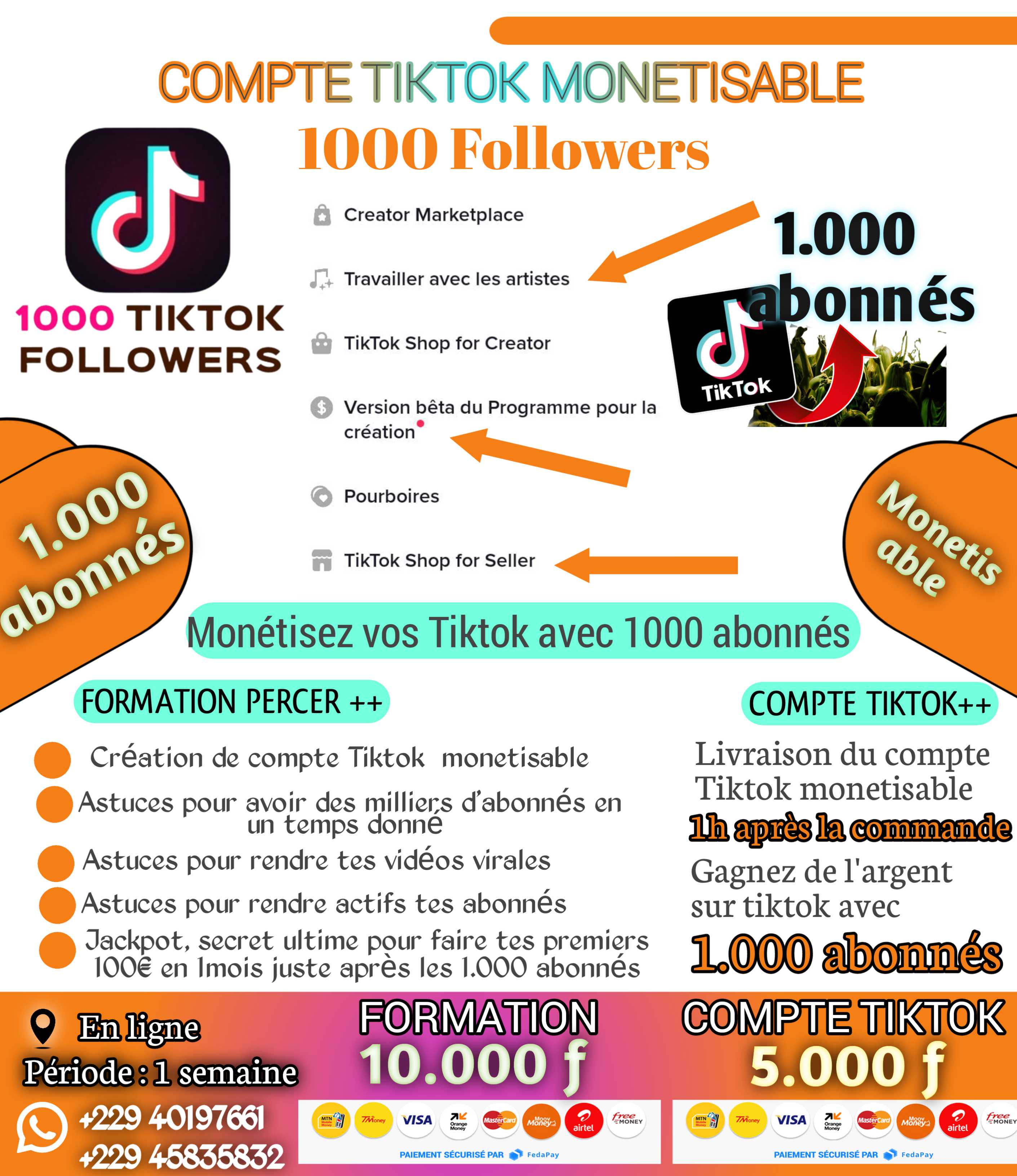 FedaPay - Pack de création de compte Tiktok USA monétisable